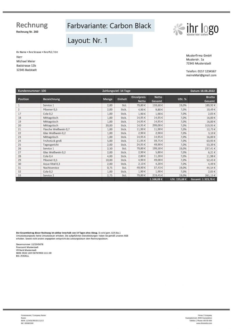 Excel invoice template 2023 - for Germany with 7% | 19%