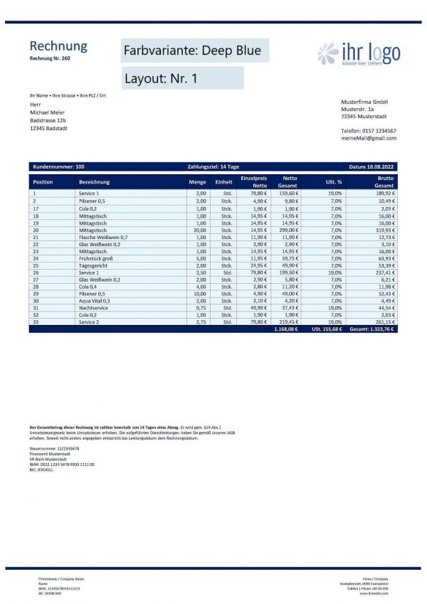 Excel invoice template 2023 - for Germany with 7% | 19%