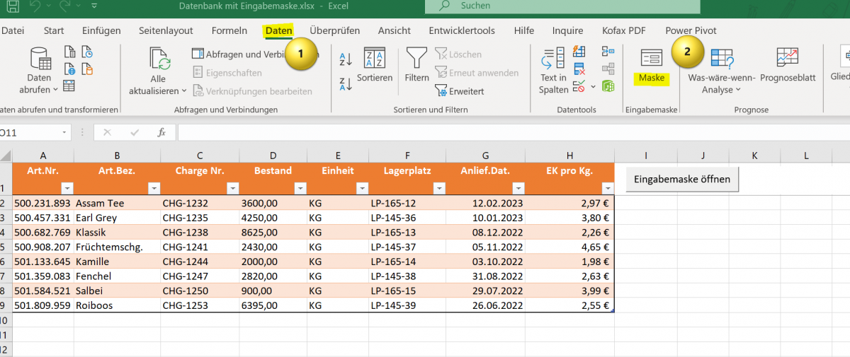 Datenbank mit Eingabemaske und Suchfunktion in Excel