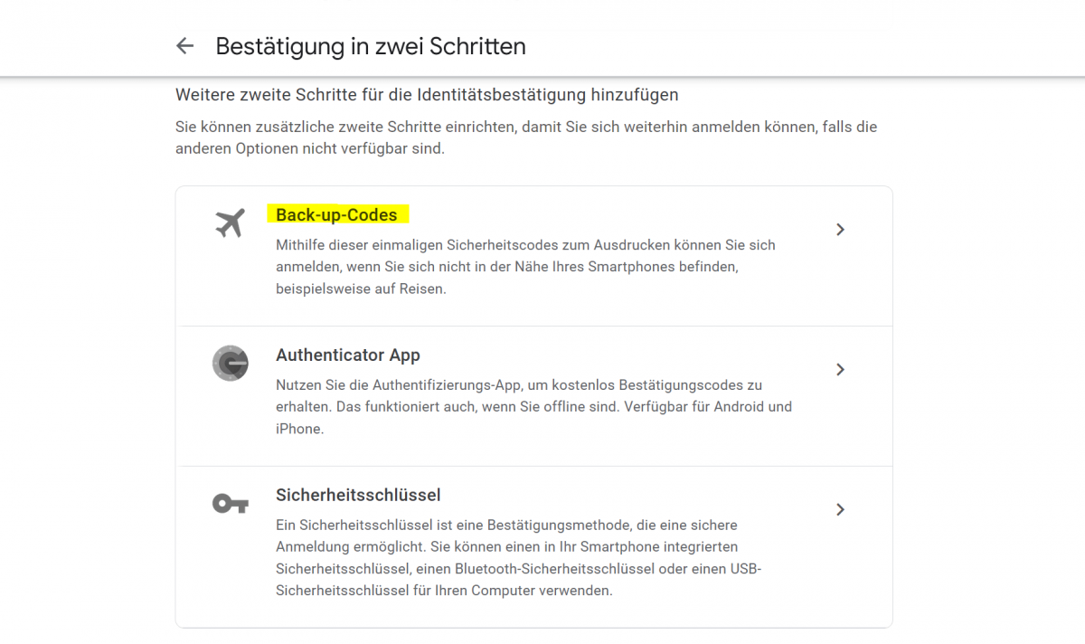 Google Backup Code einrichten - Tutorial